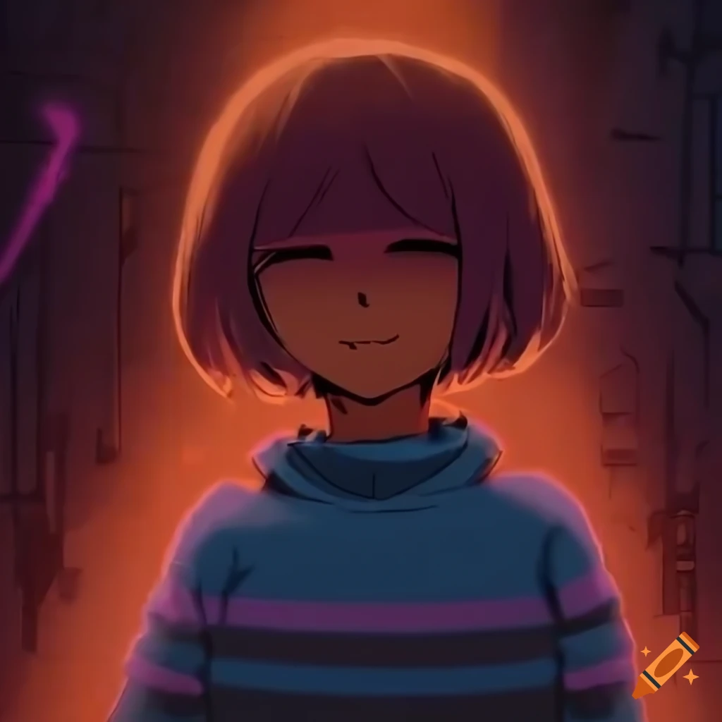 Frisk from undertale in a cyberpunk alley boss fight scene on Craiyon