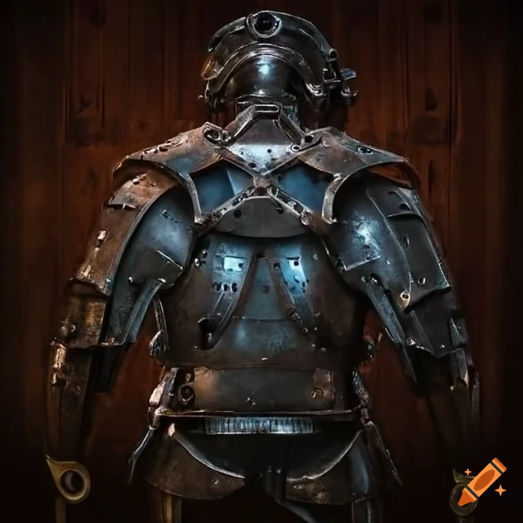 Medieval magic mechanical exoskeleton body armor, front view on Craiyon