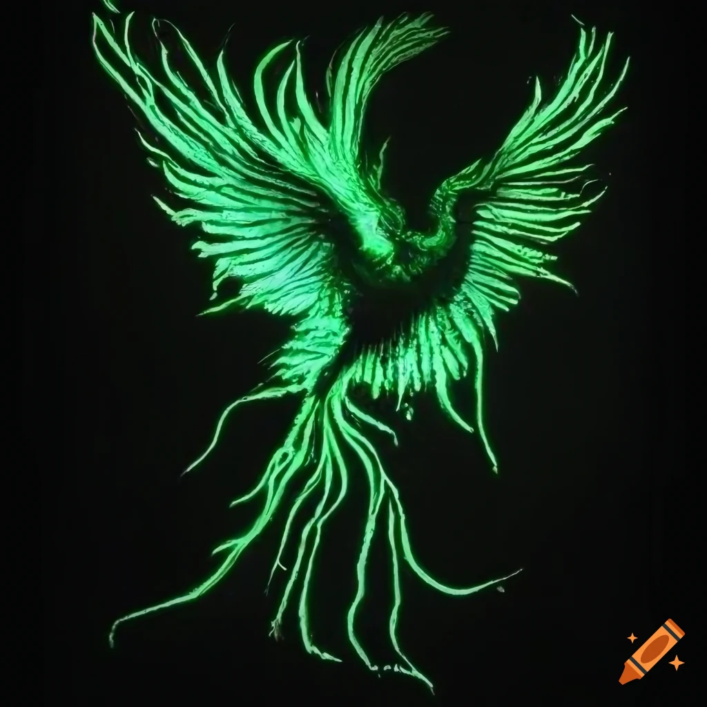 Neon green phoenix on a black background on Craiyon