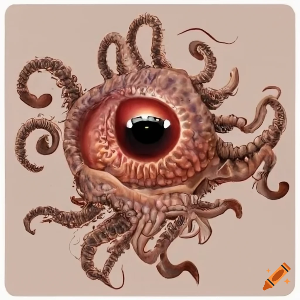 Fantasy creature with nine tentacles, eye body, and beak on Craiyon