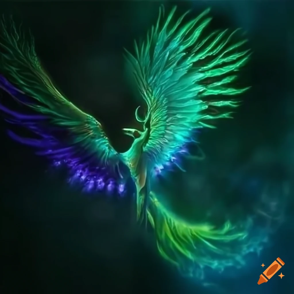 Emerald phoenix rising from smoldering embers on Craiyon