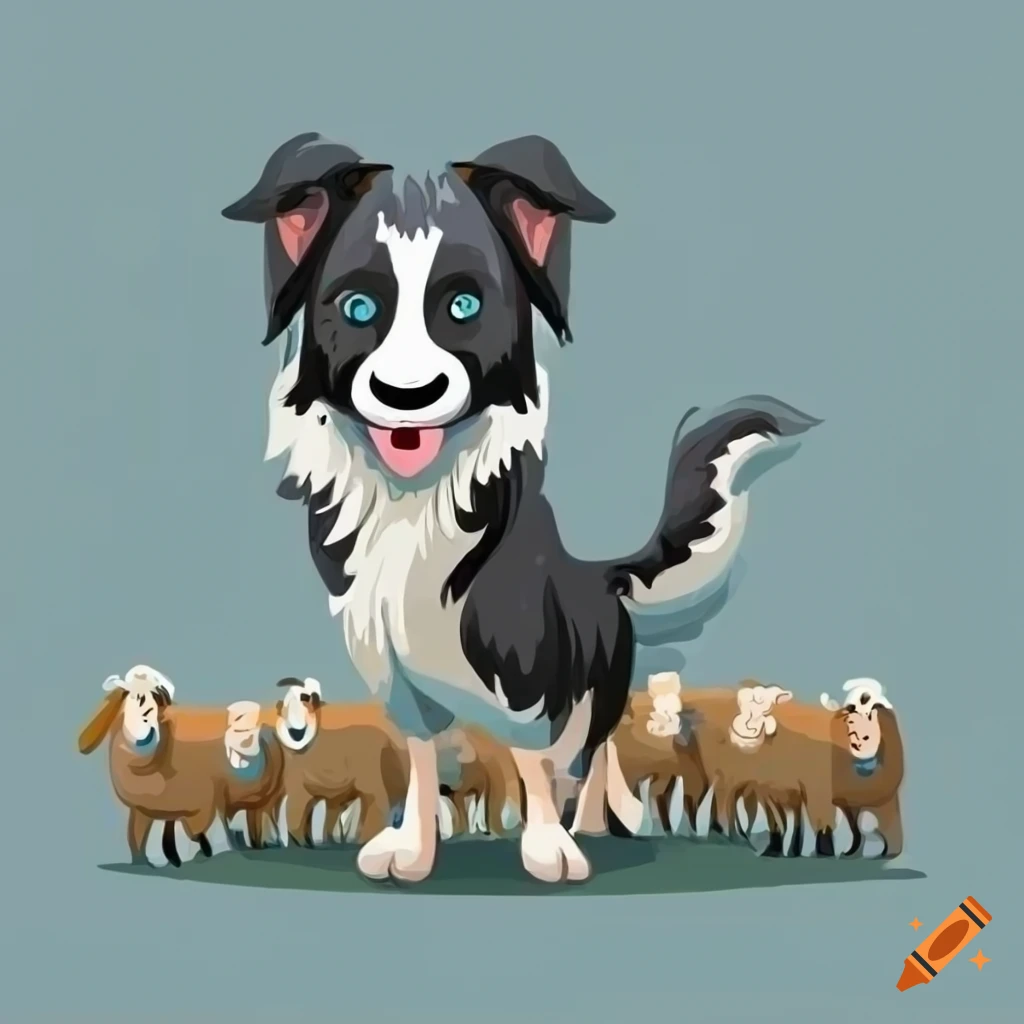 Cartoon border collie sheepdog herding sheep on Craiyon