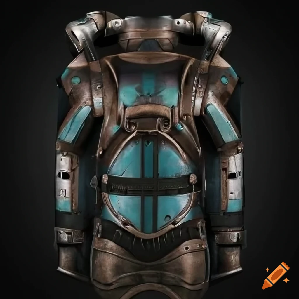 Medieval-inspired magic exoskeleton suit with front view and vertical ...