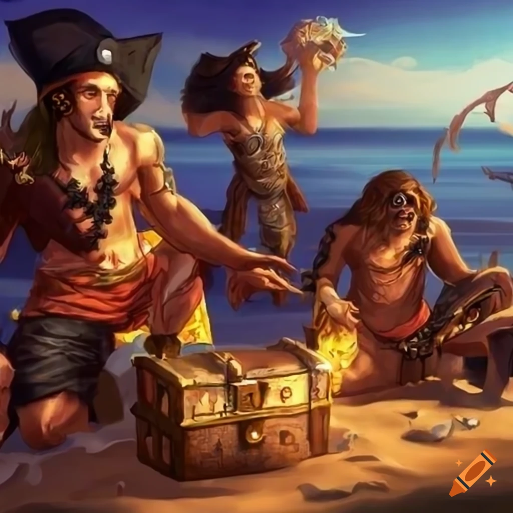 Pirates digging up a treasure chest on the beach in a fantasy art style ...