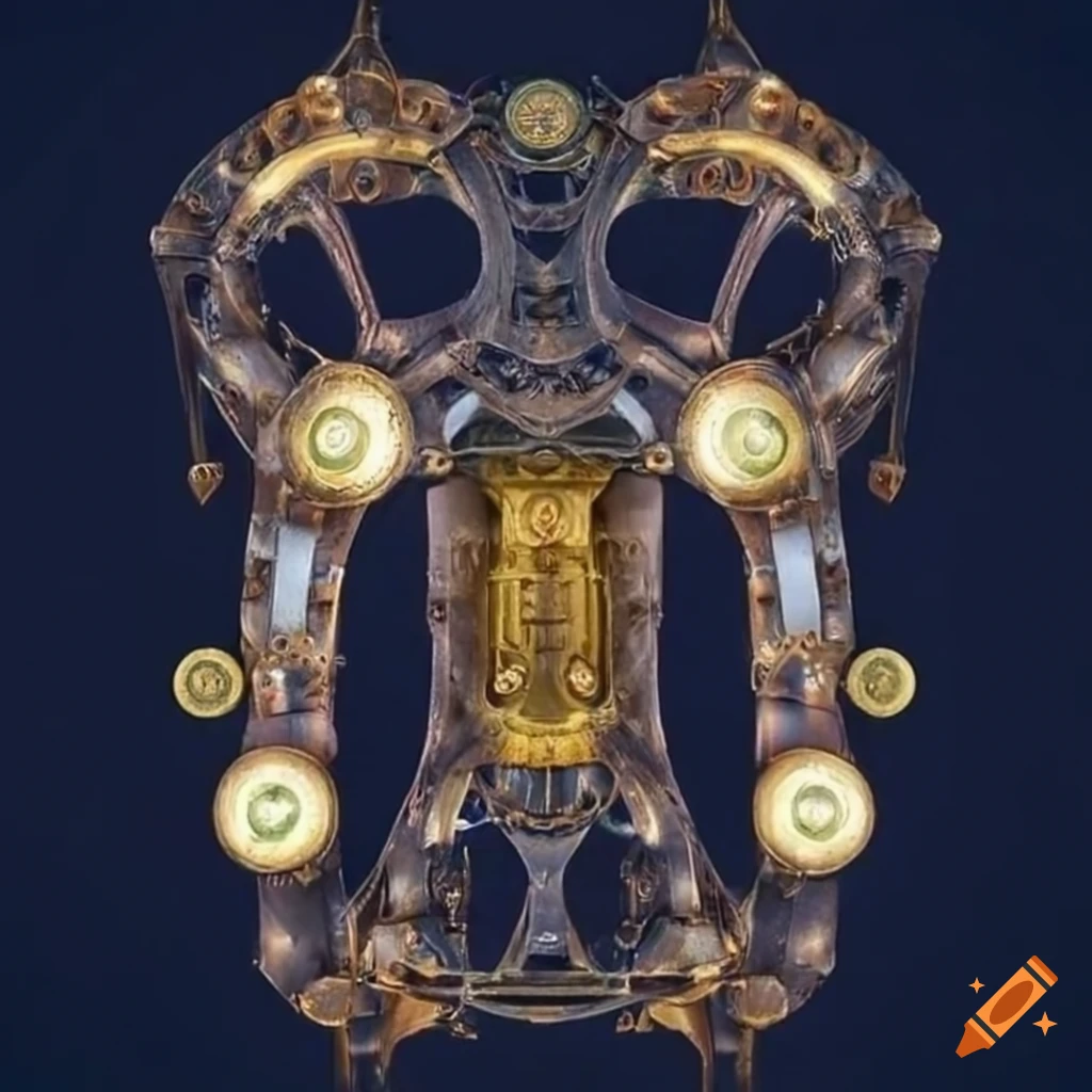 Steampunk medieval magic exoskeleton suit with vertical symmetry on Craiyon