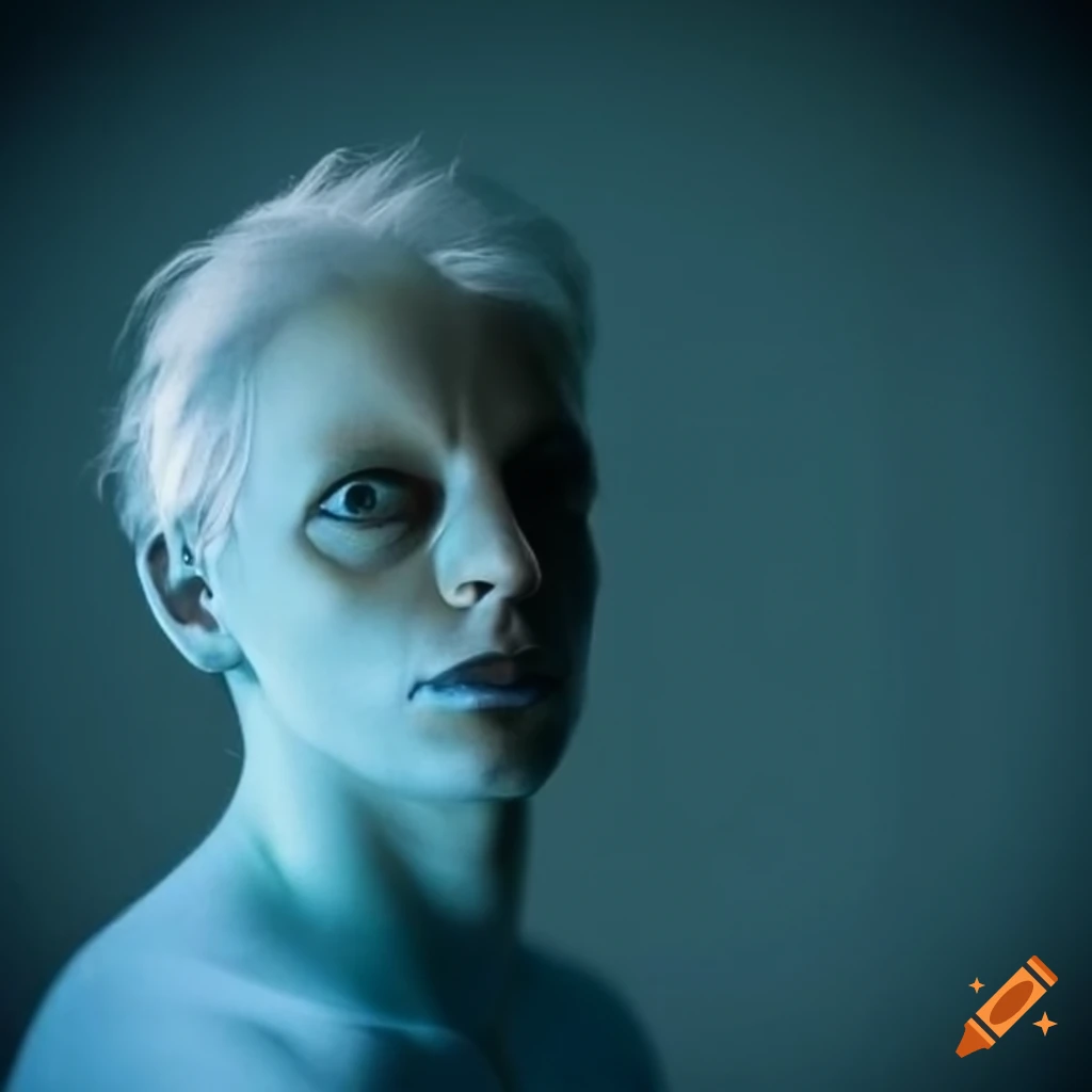 Blue-skinned humanoid alien man with white hair on a ferry on Craiyon