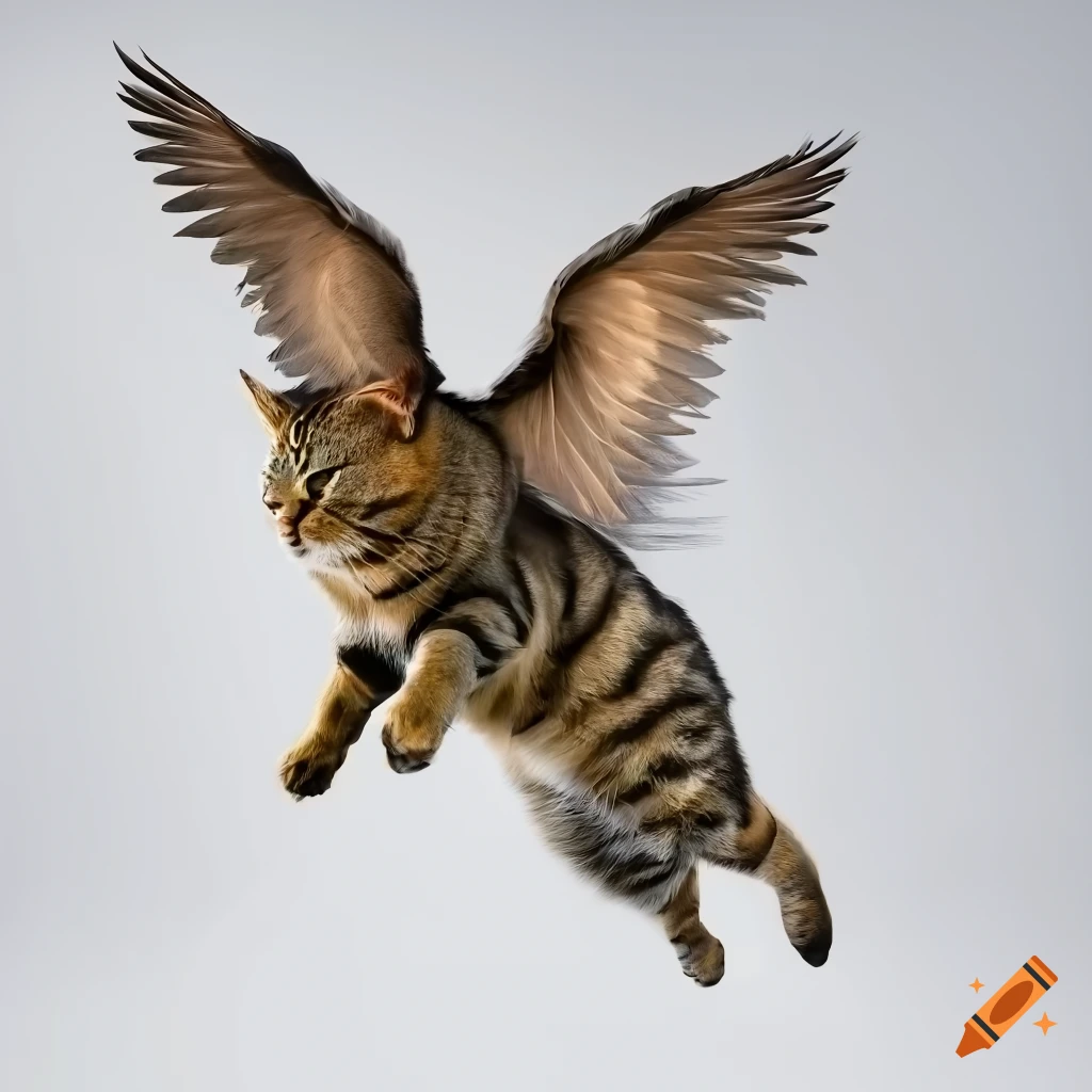 Tabby cat with feathered wings flying on a white background on Craiyon