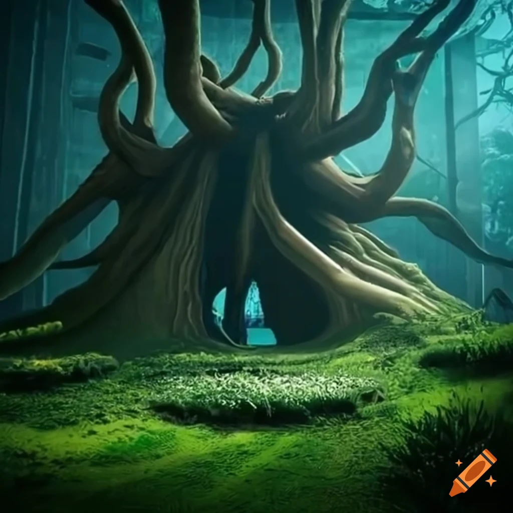 Sci-fi garden with mutated trees twisting together to form an enormous ...