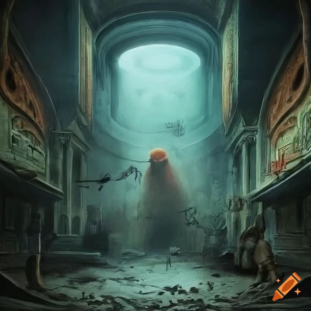 Interior of a haunted dead mall with an astronaut scavenging in the ...