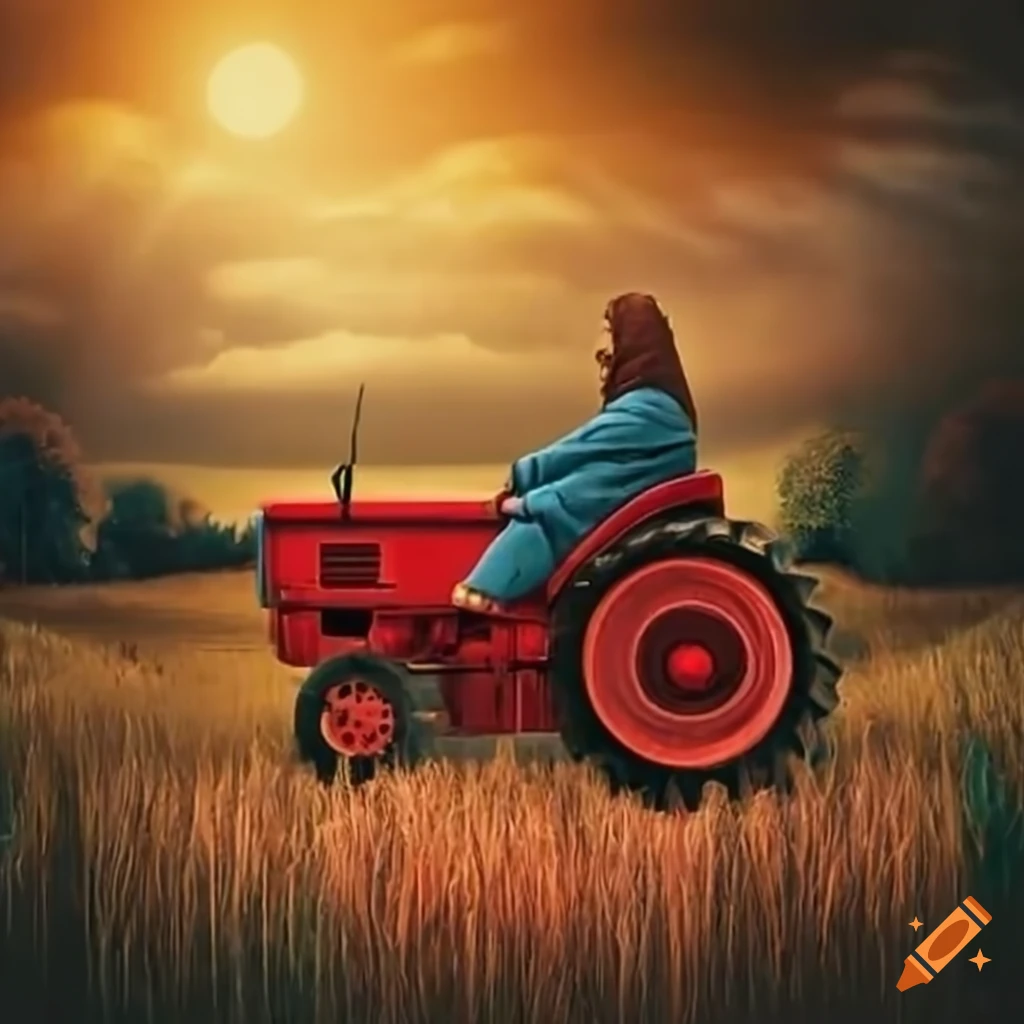 Jesus on a red tractor at a rustic farm on Craiyon