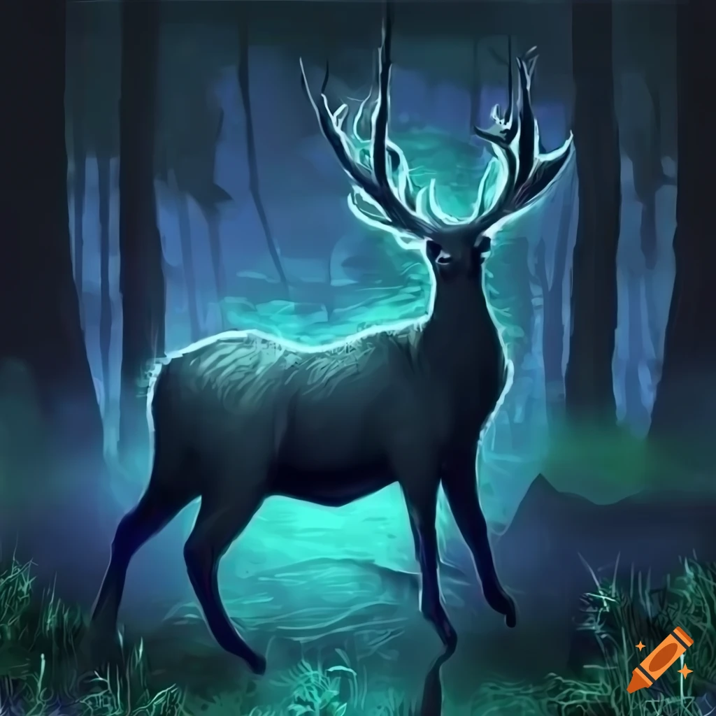 Mysterious glowing elk in an enchanted forest in fantasy art style on ...