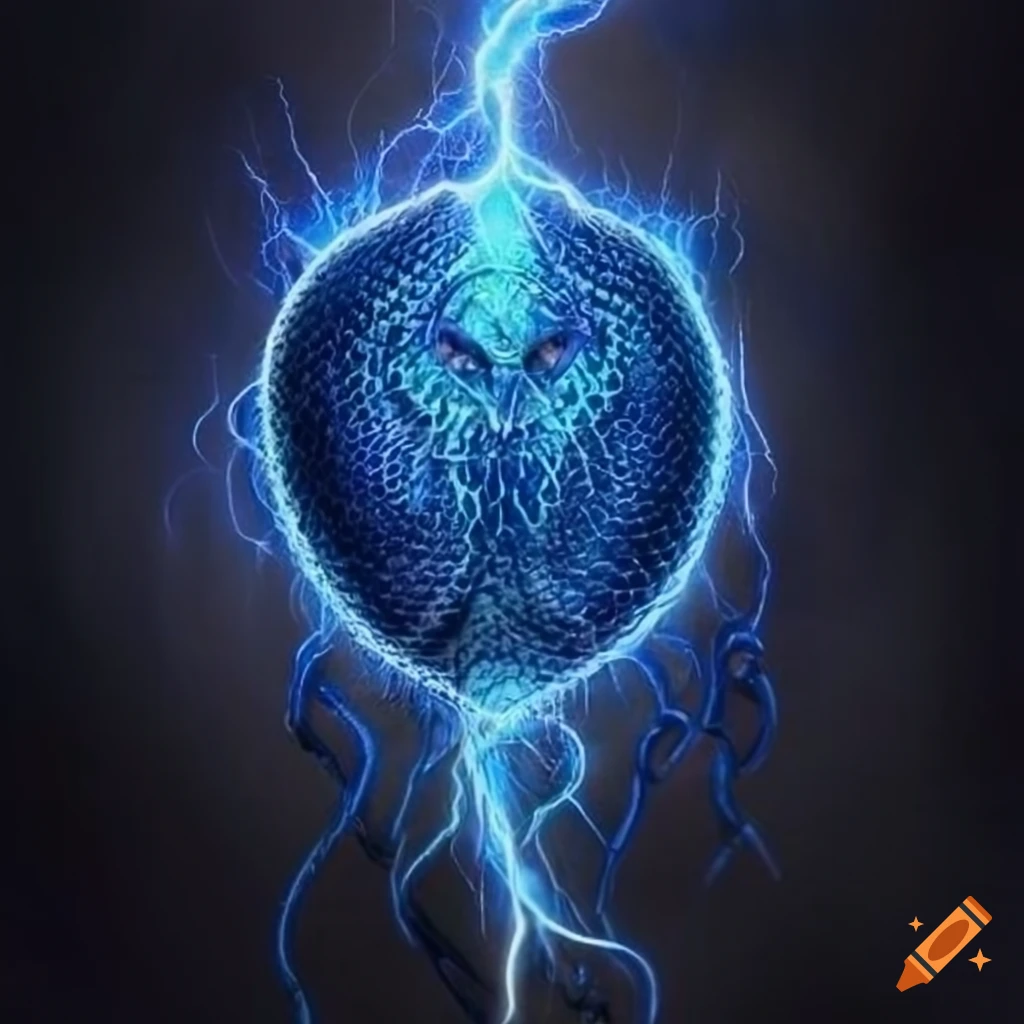 Mythical shield emitting electricity with snake fangs and lightning on ...