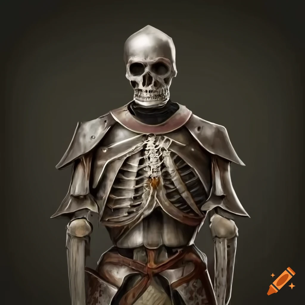 Realistic skeleton in medieval armor with sword and shield on Craiyon