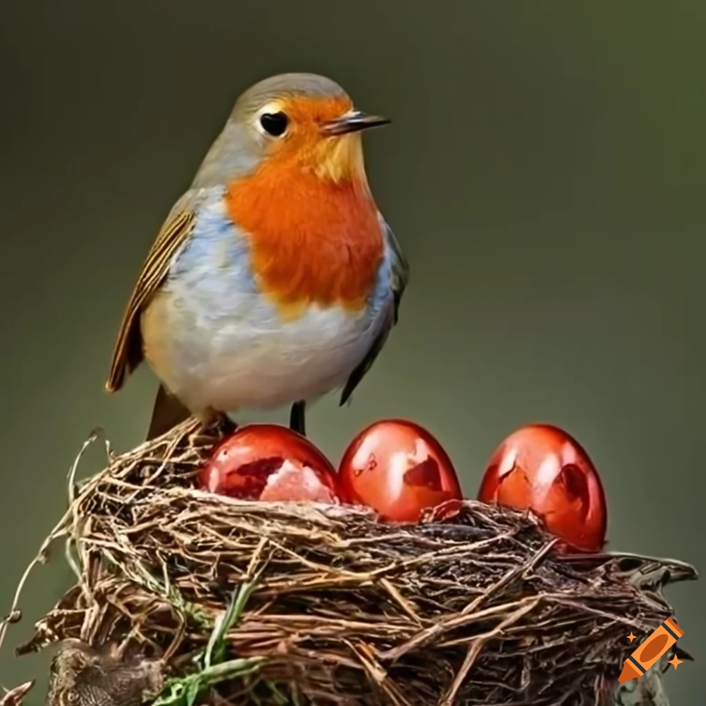 Robin sitting on ruby eggs in a nest in an enchanting artwork on Craiyon