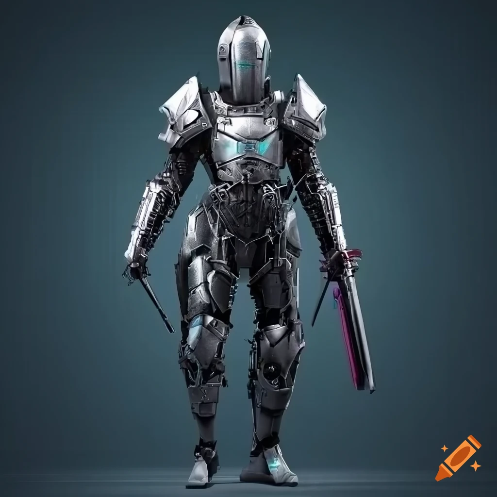 Cybernetic knight holding a weapon against plain background on Craiyon