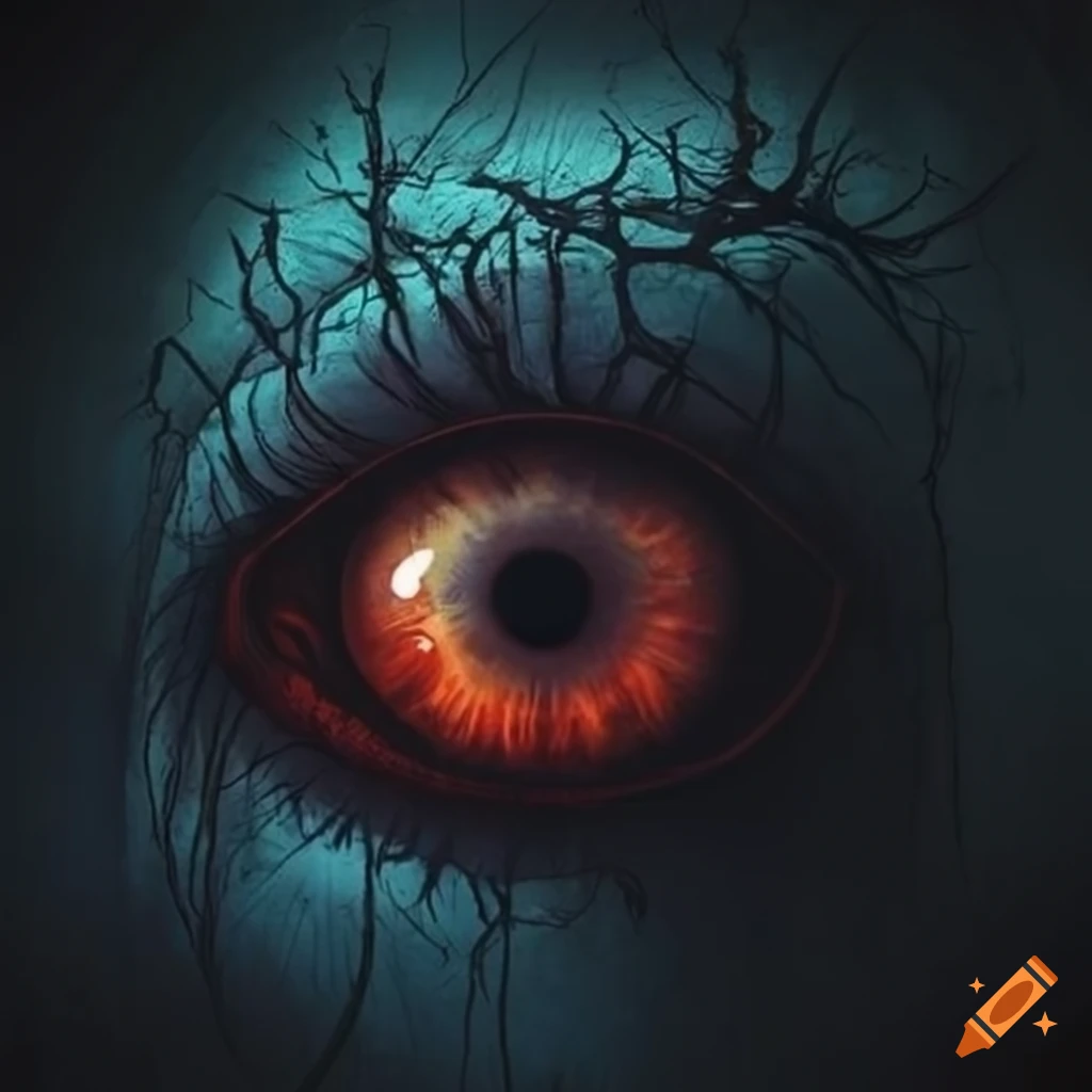 Abstract cover art depicting a mythological terrifying eye in a horror ...