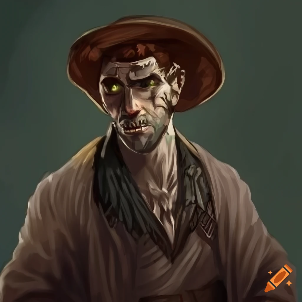 Shady merchant character in DnD style, evil-looking with tattered ...