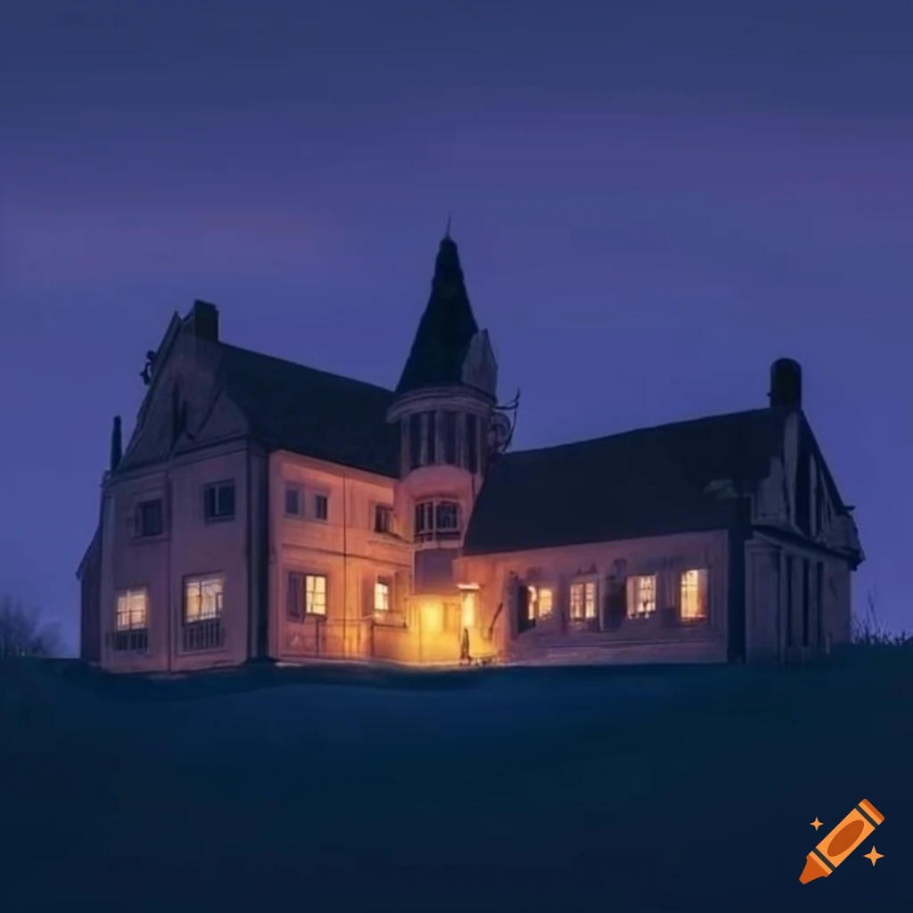 Manor house on a hill with interior lights at night on Craiyon