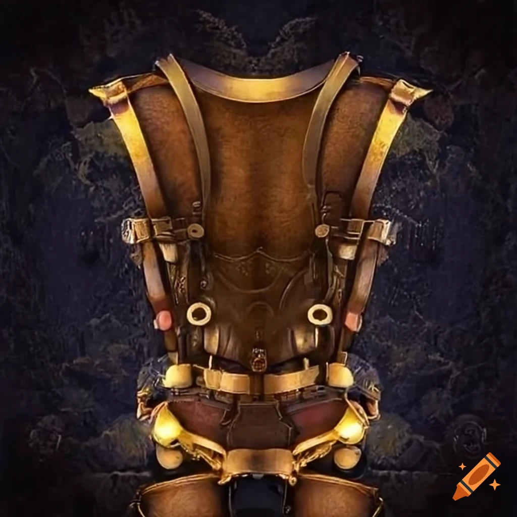 Steampunk medieval magic exoskeleton suit front view with vertical ...