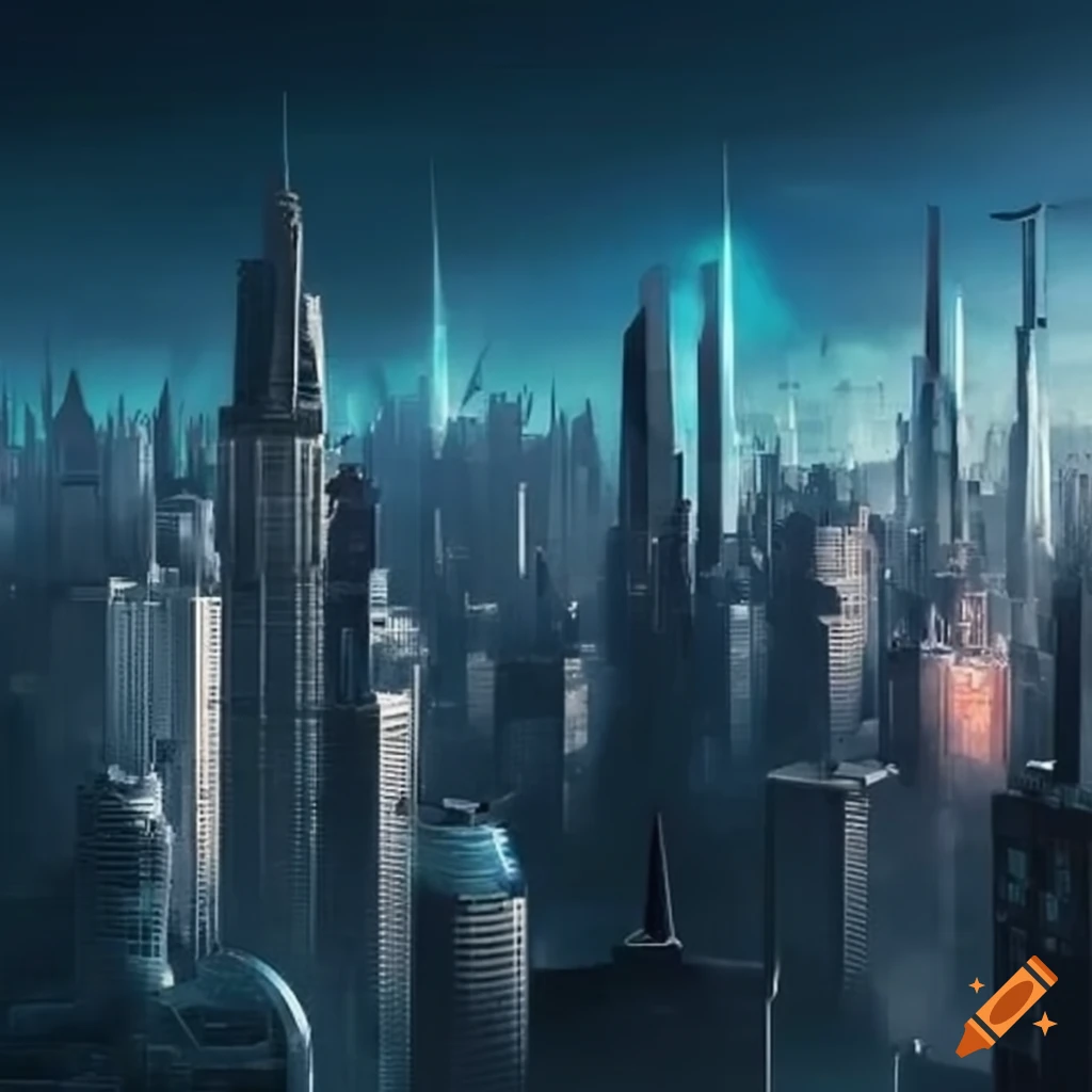 Futuristic dystopian city with tall skyscrapers and oppressive ...