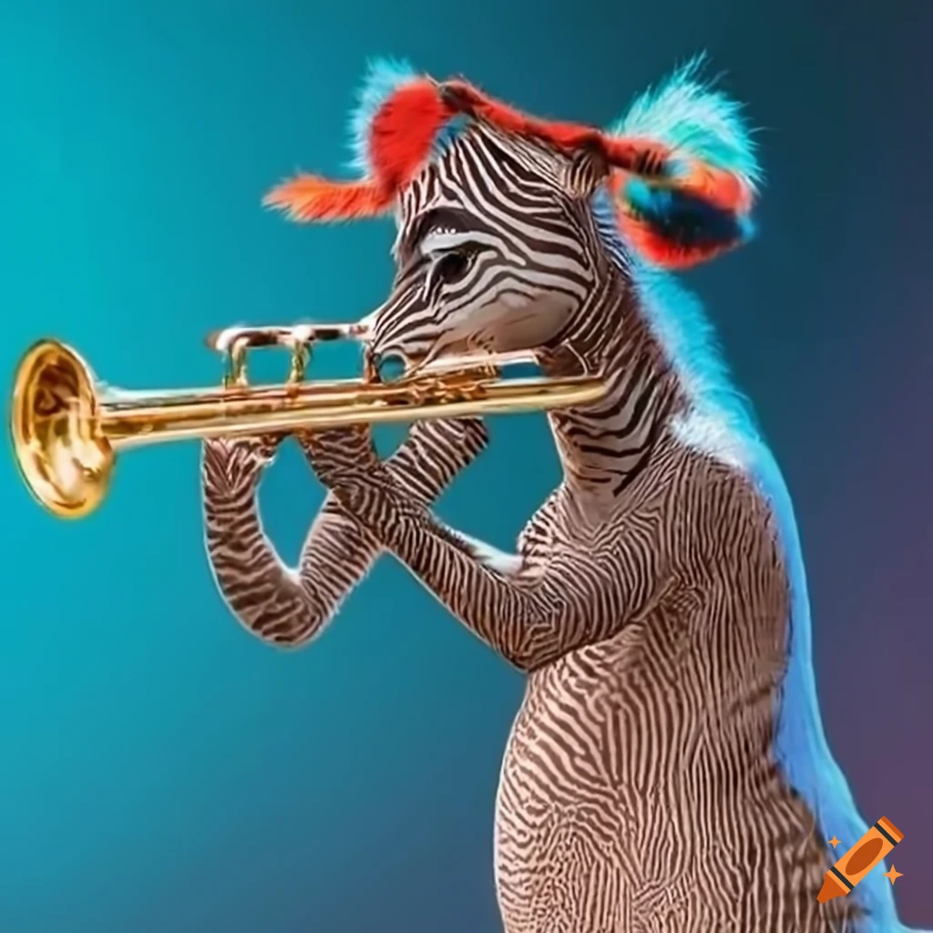 Anthropomorphic zebra playing a trumpet on Craiyon
