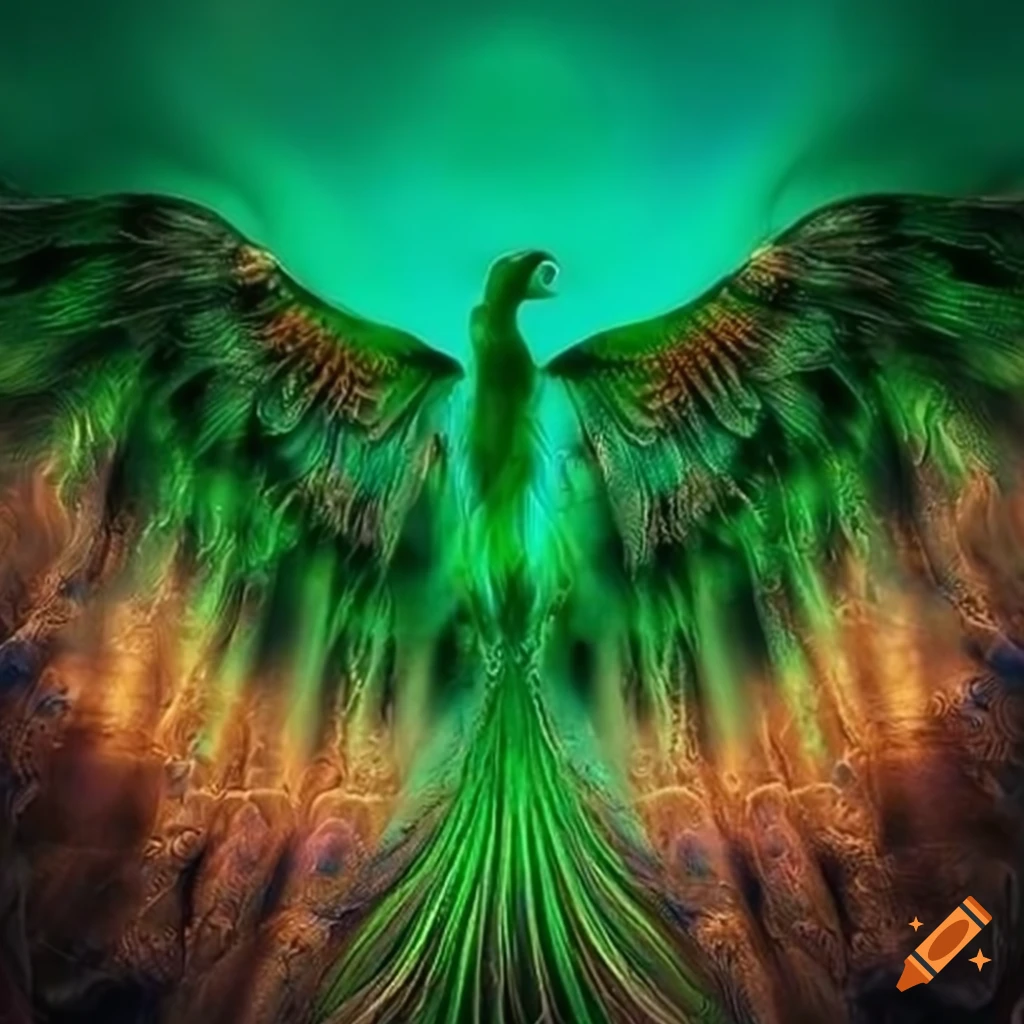 Emerald-green phoenix with spread wings in a mesmerizing fantasy ...