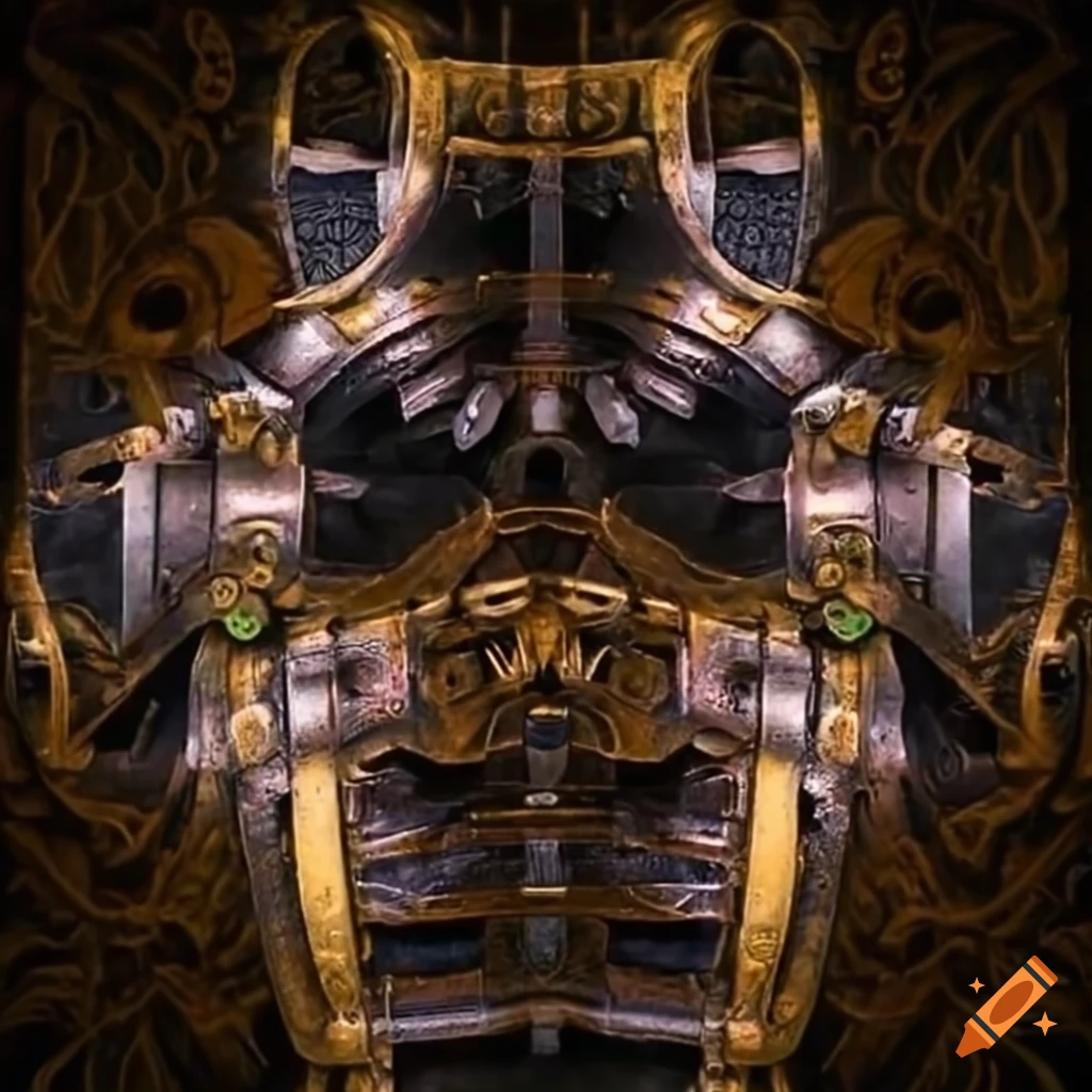 Steampunk medieval magic exoskeleton suit front view with vertical ...