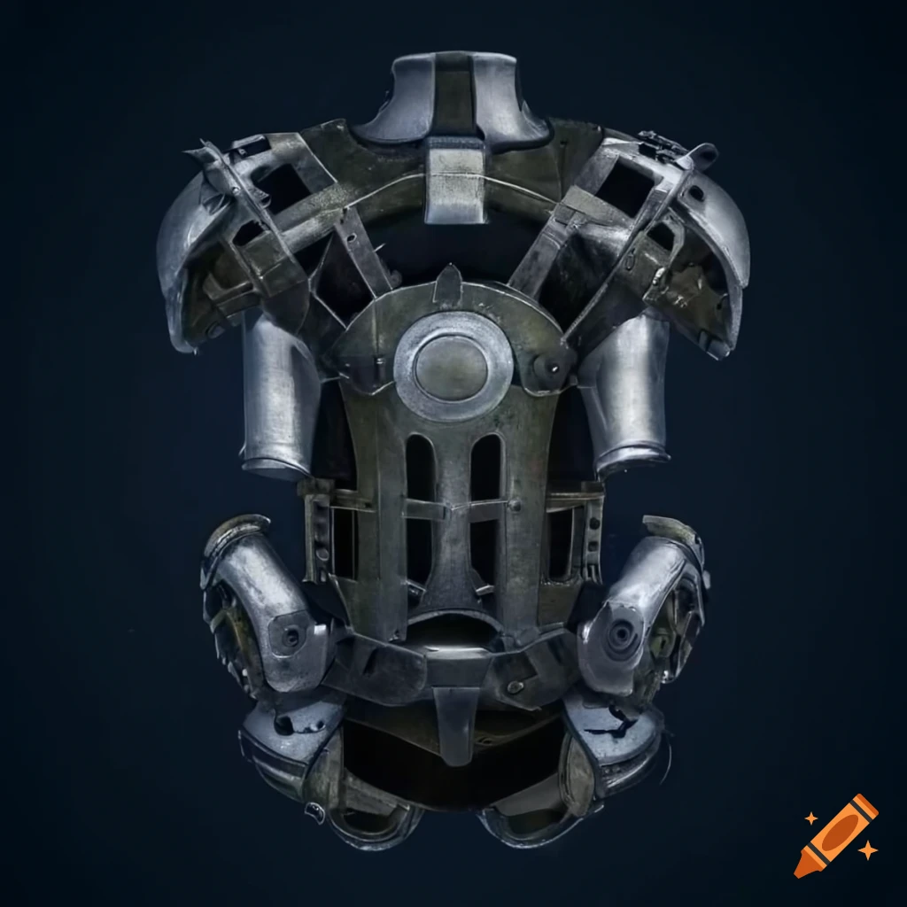 Medieval adorned magic exoskeleton suit front view with vertical ...