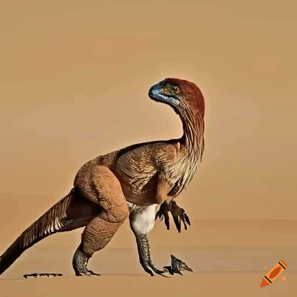 Feathered velociraptor in the Mongolian desert on Craiyon