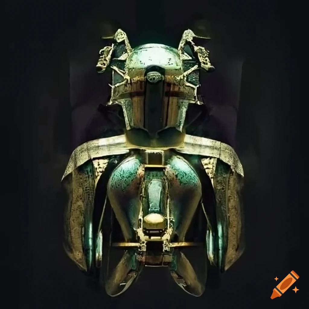 Steampunk medieval magic exoskeleton suit with front view symmetry on ...