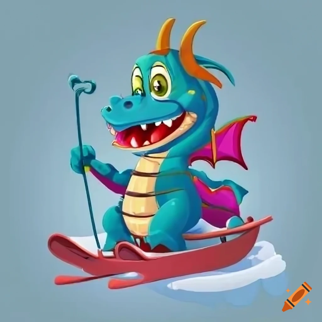 Cartoon dragon skiing in the snow on Craiyon