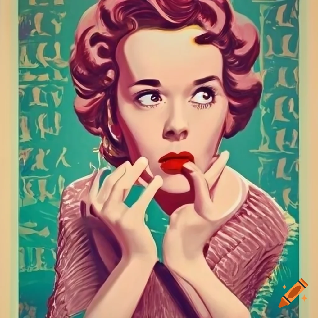 Woman with a questioning look in a vintage 1950s style poster on Craiyon