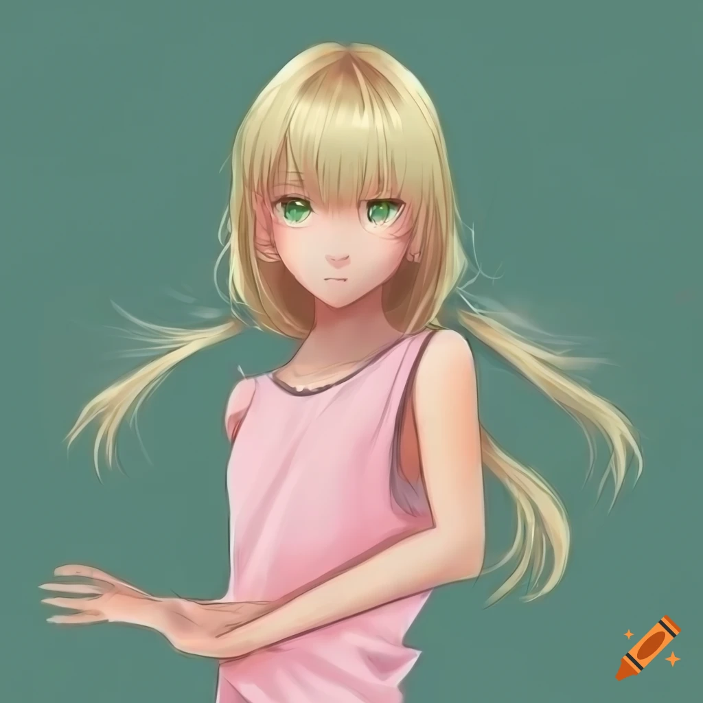 Anime Girl With Blonde Hair And Green Eyes In A Light Pink Sleeveless T Shirt With Crossed Arms