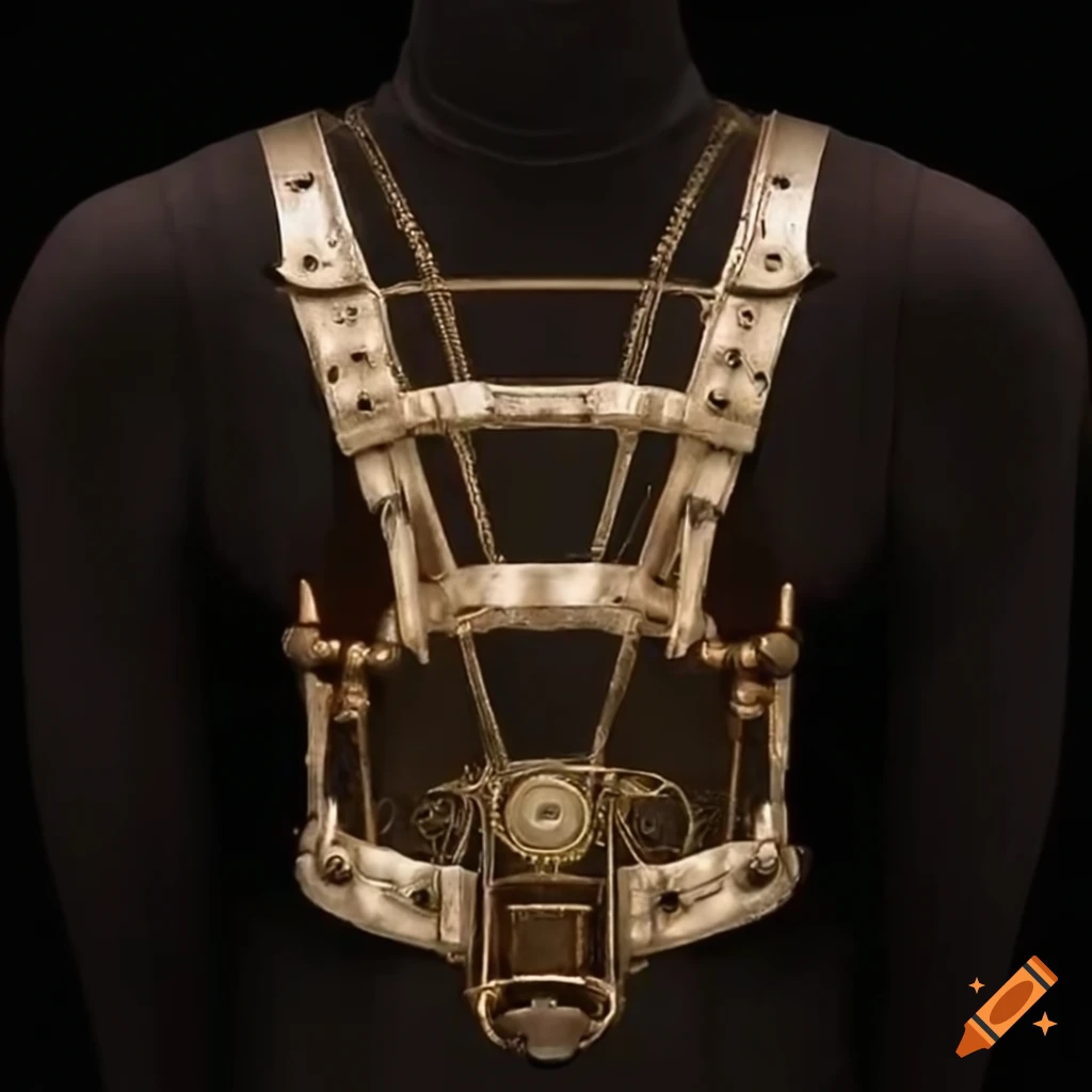Steampunk medieval magic exoskeleton suit with front view and vertical ...