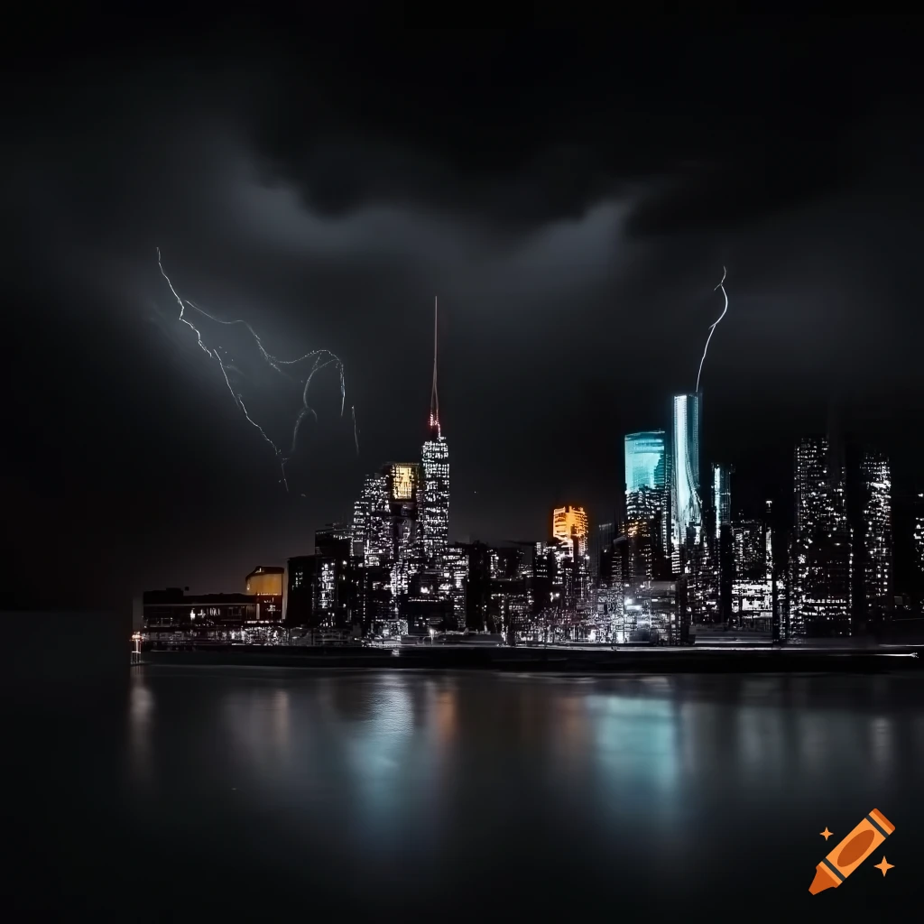 Dark and gritty city skyline of Gäliletropolis under a rainy ...