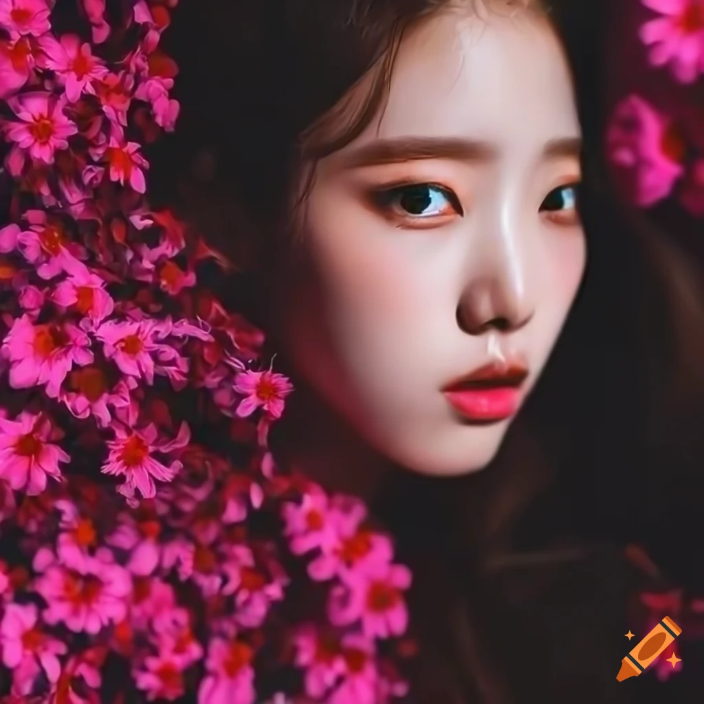 Portrait of a cute female kpop idol with a flower background on Craiyon