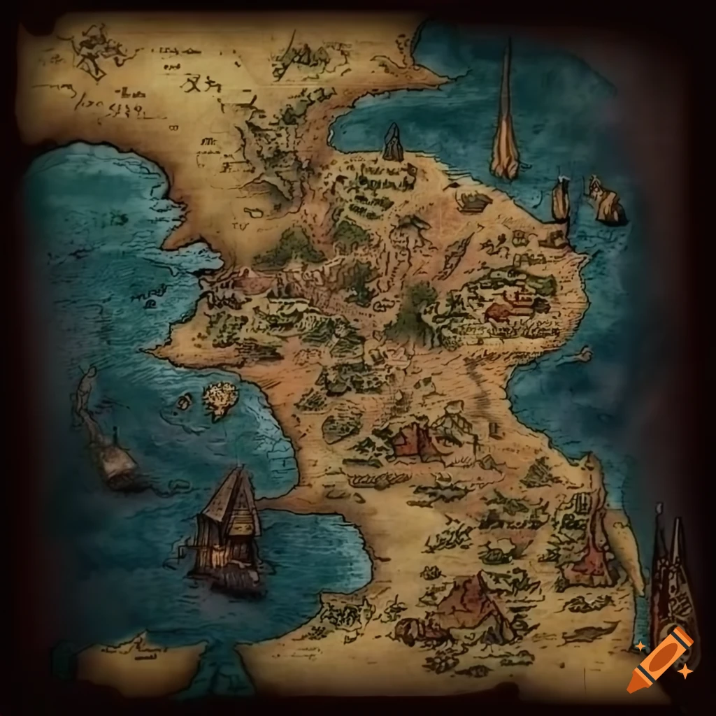 Medieval grimdark fantasy map of a peninsula on Craiyon