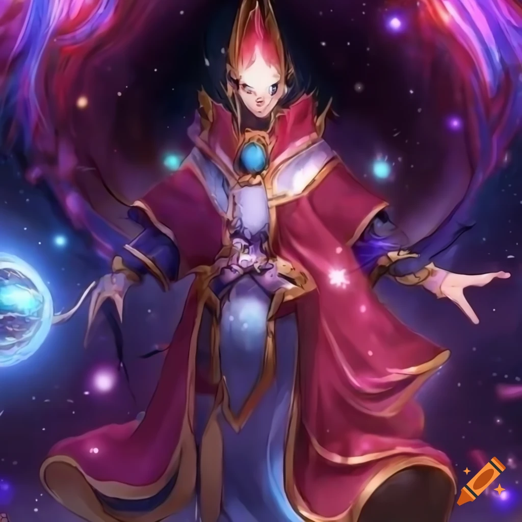 Male Kitsune in sorcerer's robe casting ice spells with a planetary ...