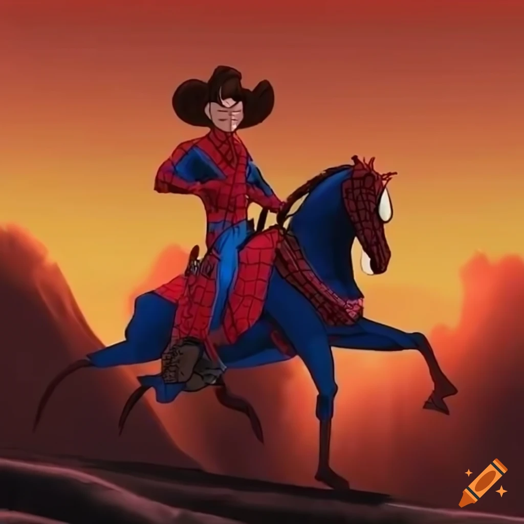 Animated Spiderman cowboy riding a horse into the sunset on Craiyon