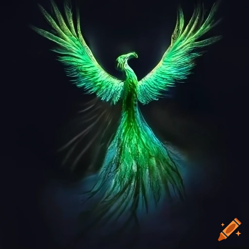 Majestic green phoenix rising above a dark backdrop on Craiyon