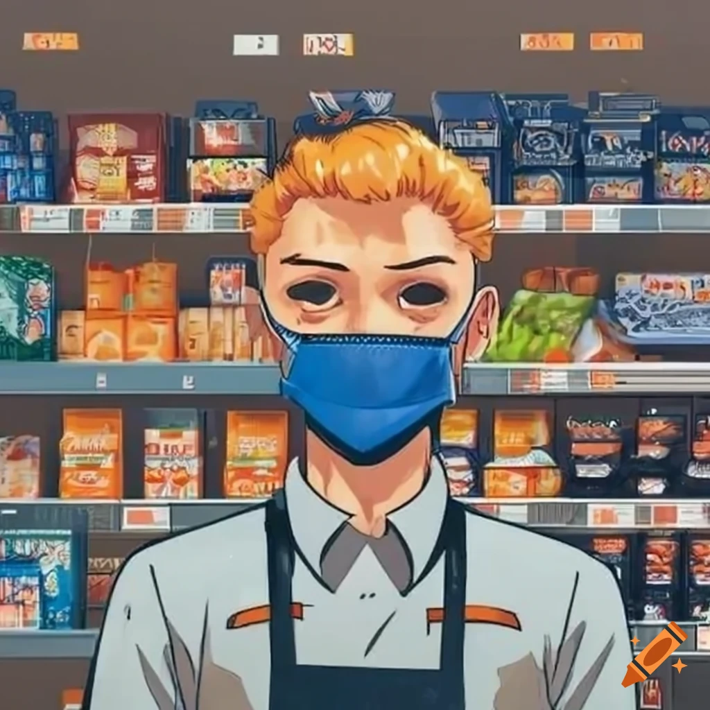 Male cashier with mouth mask at a convenience store with manga style on ...