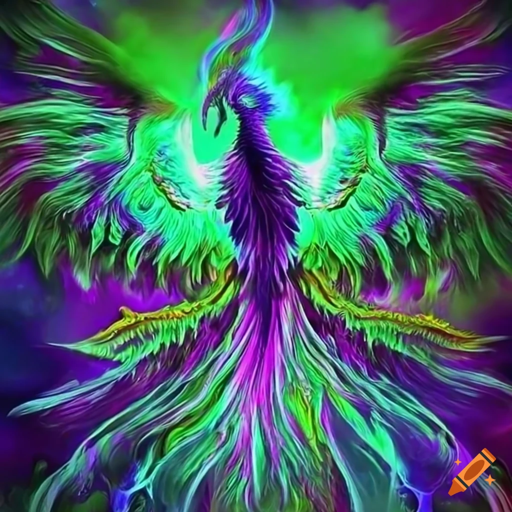 Neon green and purple phoenix emerging from flames on Craiyon