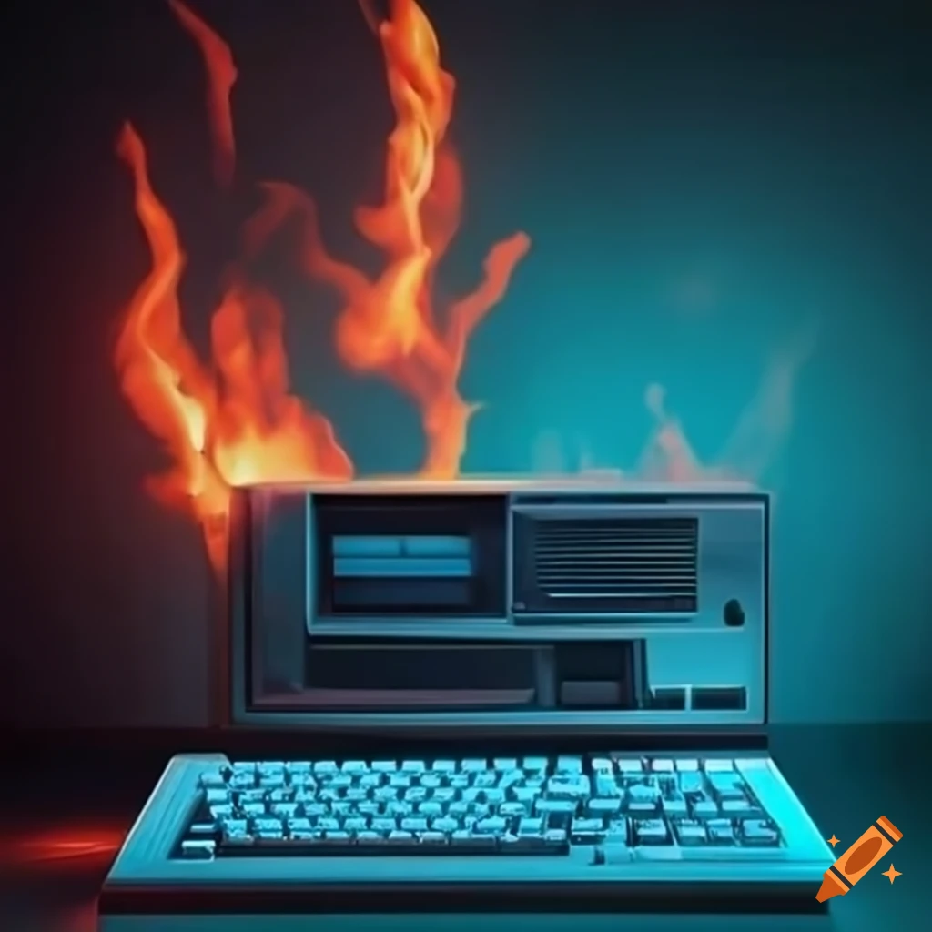 Hyper-realistic 80s computer on fire in a glowing room on Craiyon