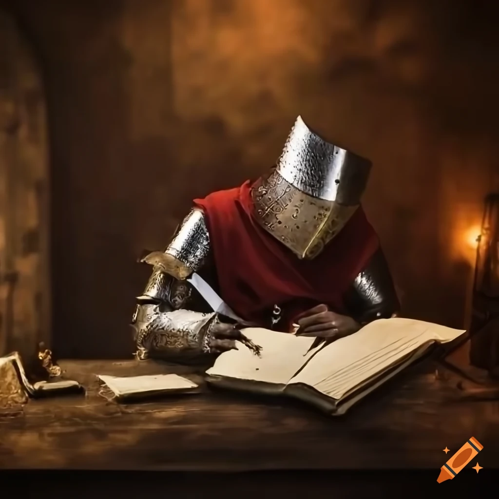 Knight in iron mask writing with a book and quill in a medieval room on ...
