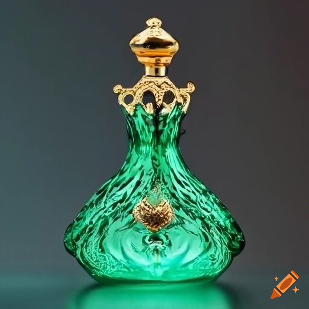 Luxurious green glass perfume bottle with golden accents and Emerald ...