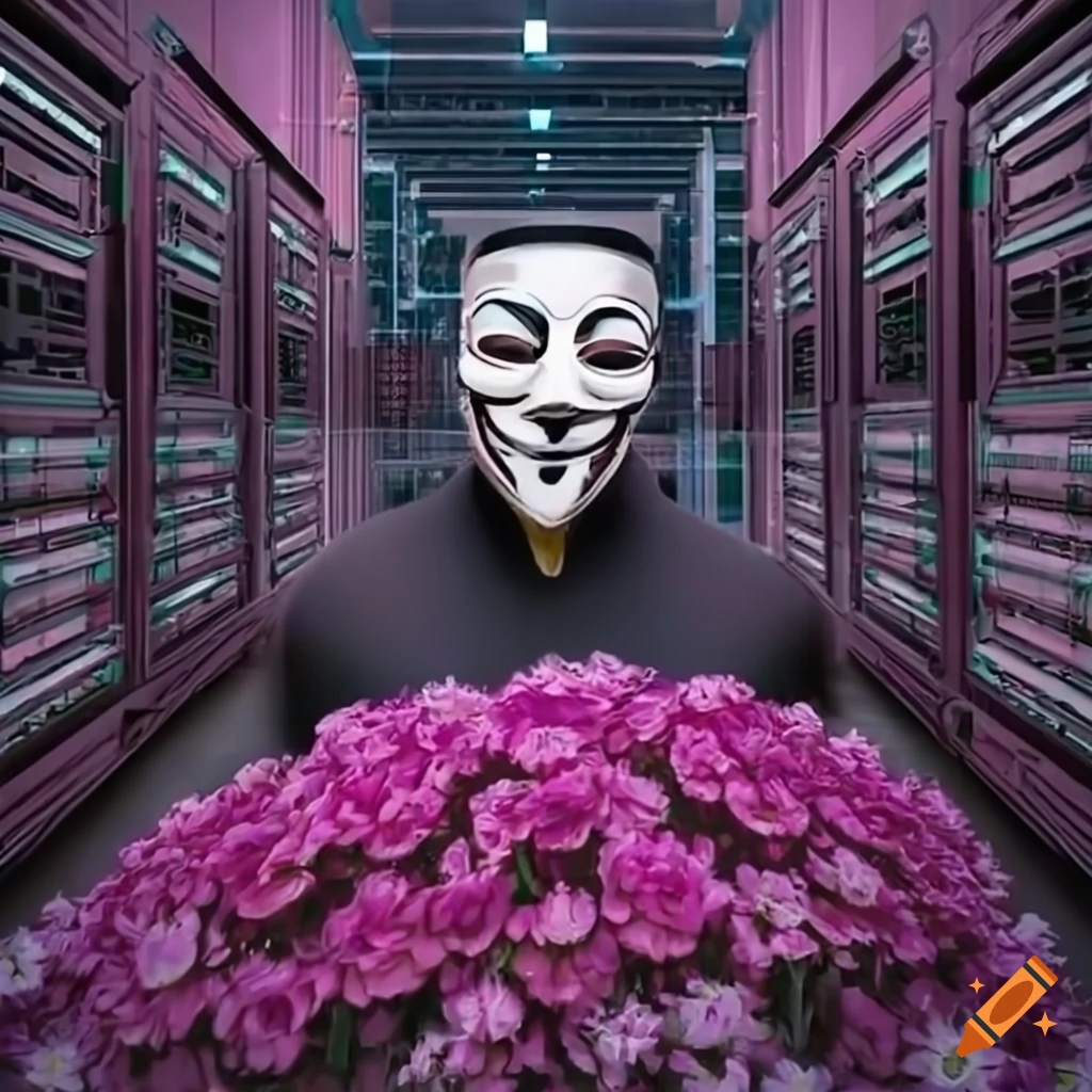 Anonymous hacker flowers for mother's day with server racks in the ...