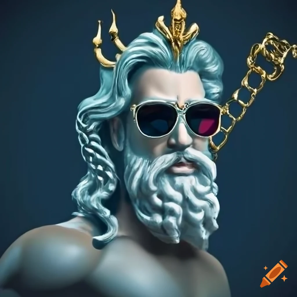Poseidon with sunglasses and diamond chain on Craiyon
