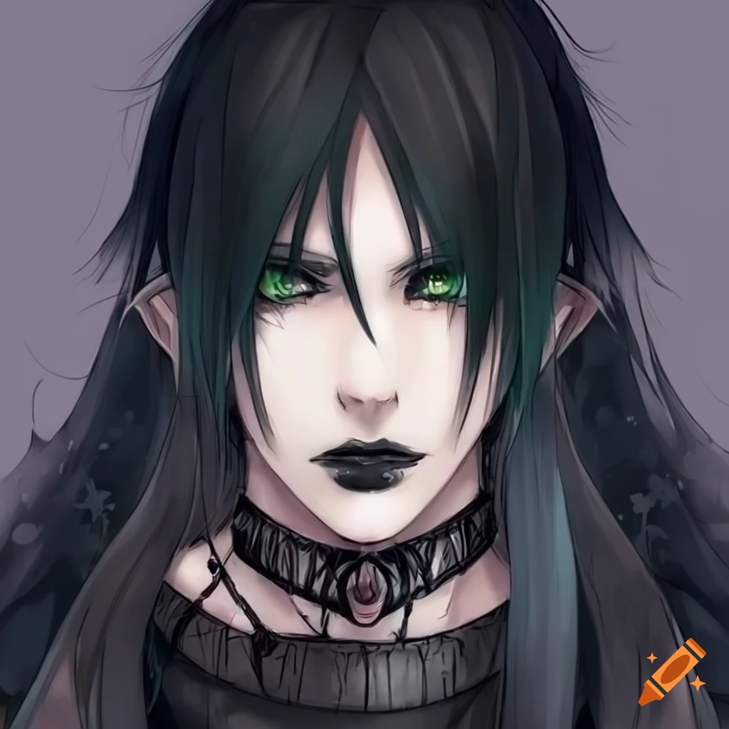 Attractive goth man with black hair and green eyes in anime style on ...