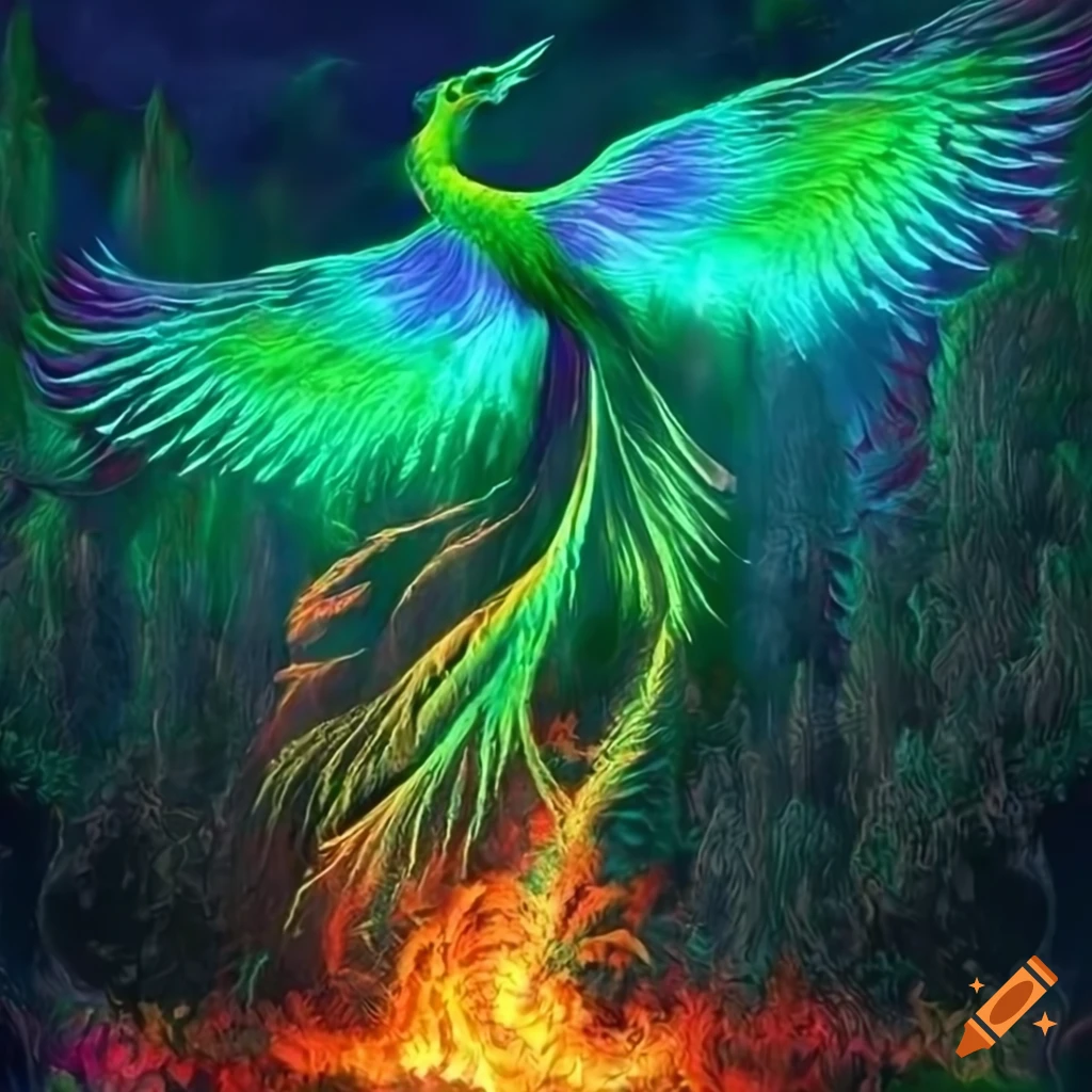 Emerald phoenix rising from smoldering embers in a fantasy landscape on ...