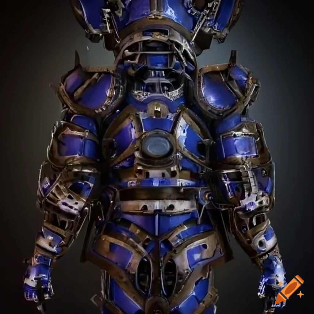 Front view of a medieval magic exoskeleton suit with vertical symmetry ...